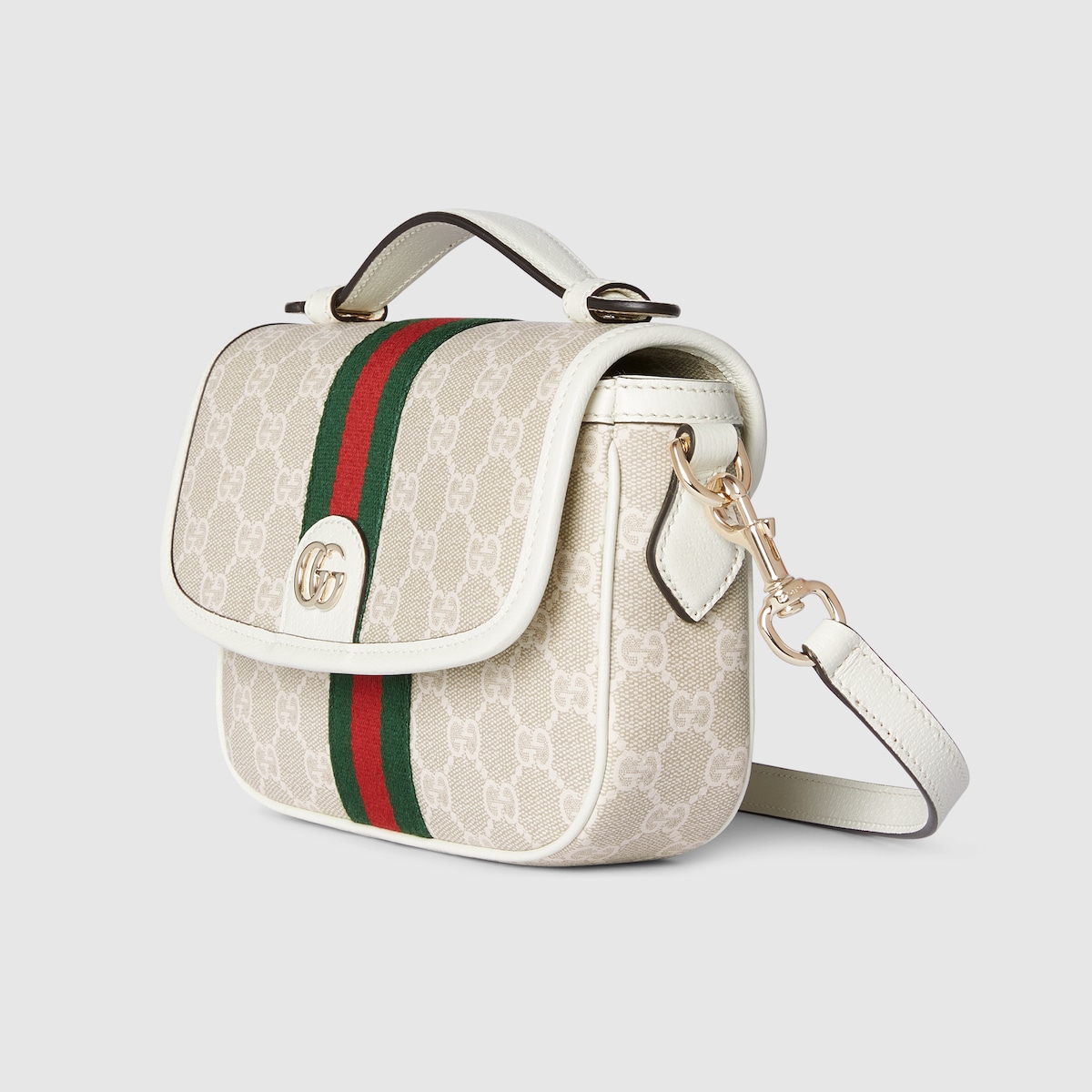 Ophidia small top handle bag in beige and white GG fabric | GUCCI® CH