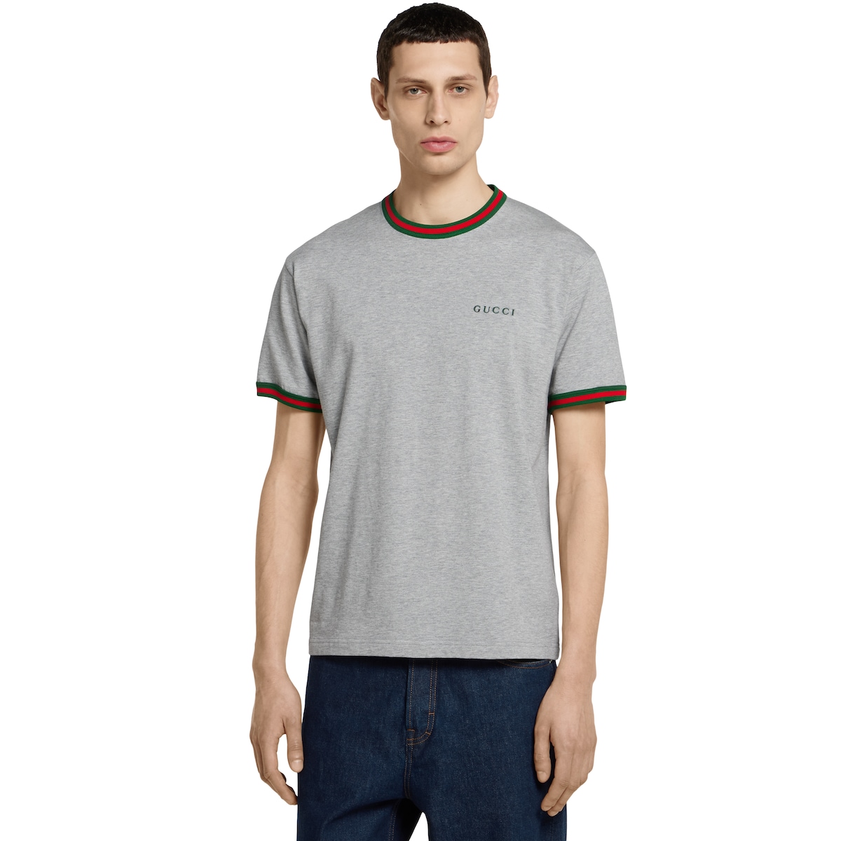 Cotton jersey T-shirt with embroidery in grey mélange | GUCCI® DE