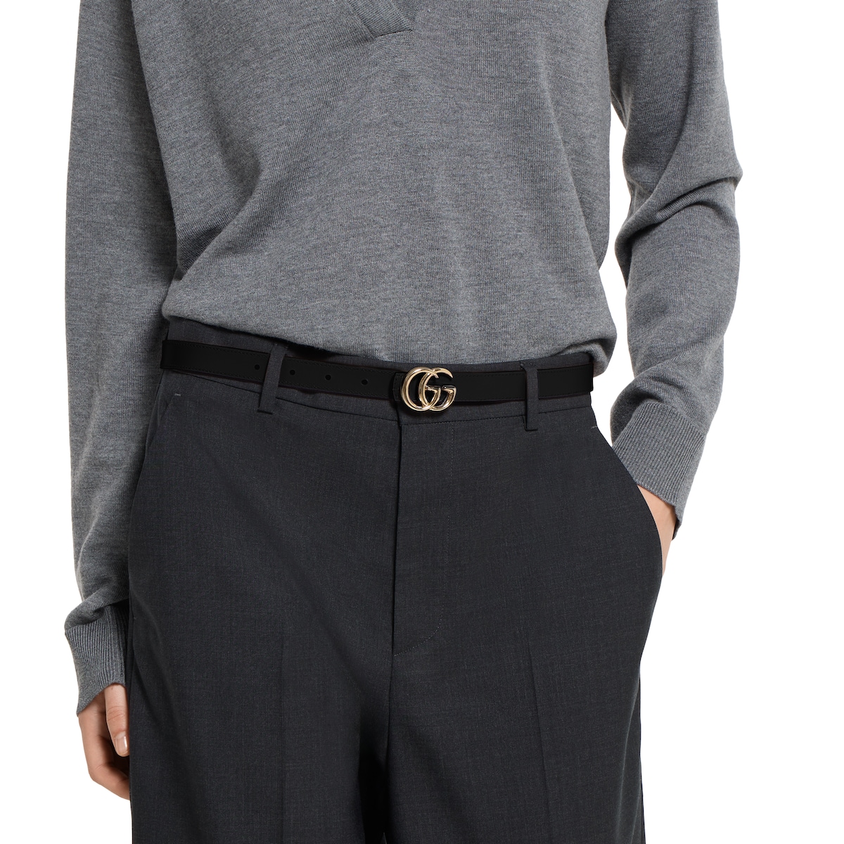Reversible GG Marmont thin belt in beige GG Supreme and black leather ...