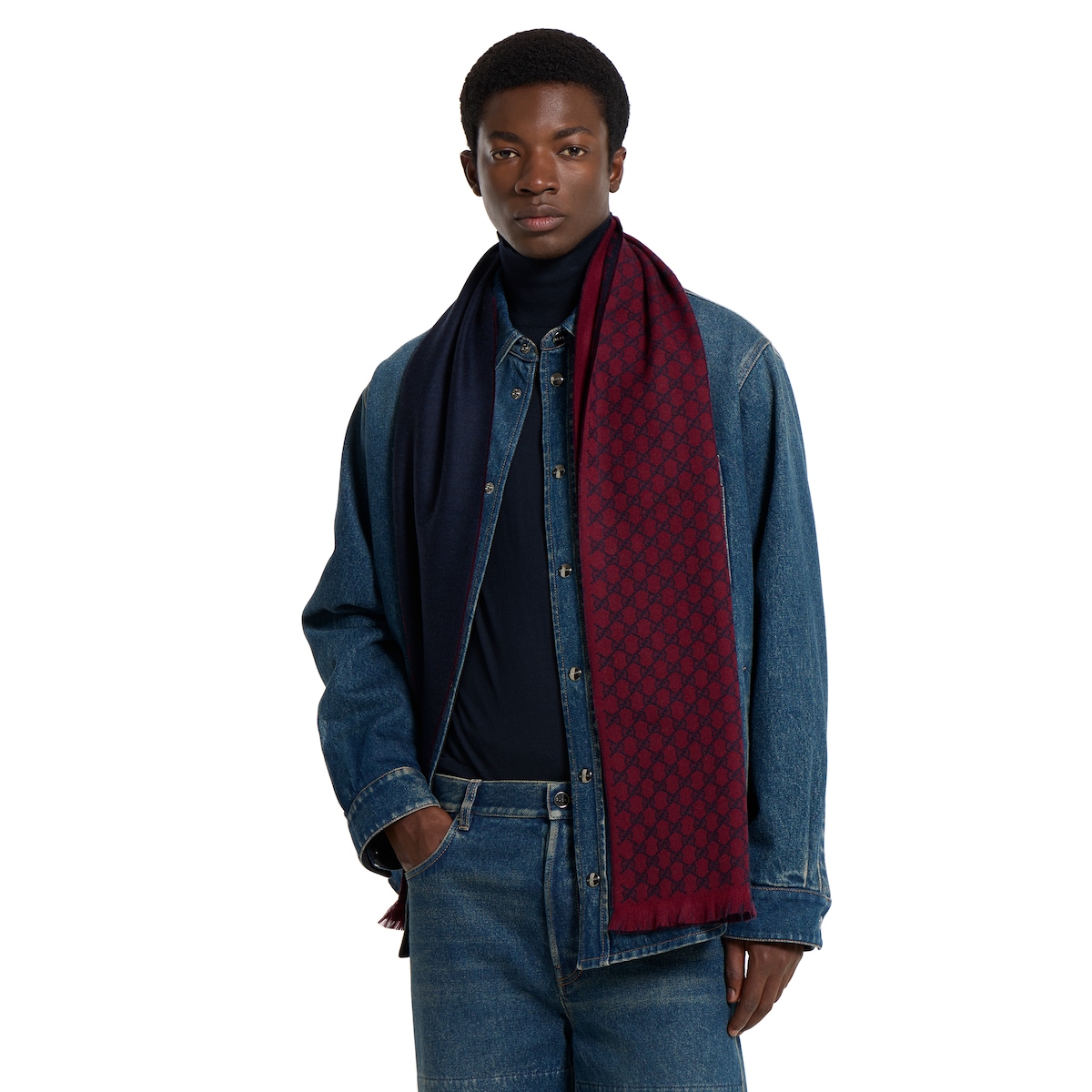 GG wool jacquard scarf in bordeaux and blue | GUCCI® US
