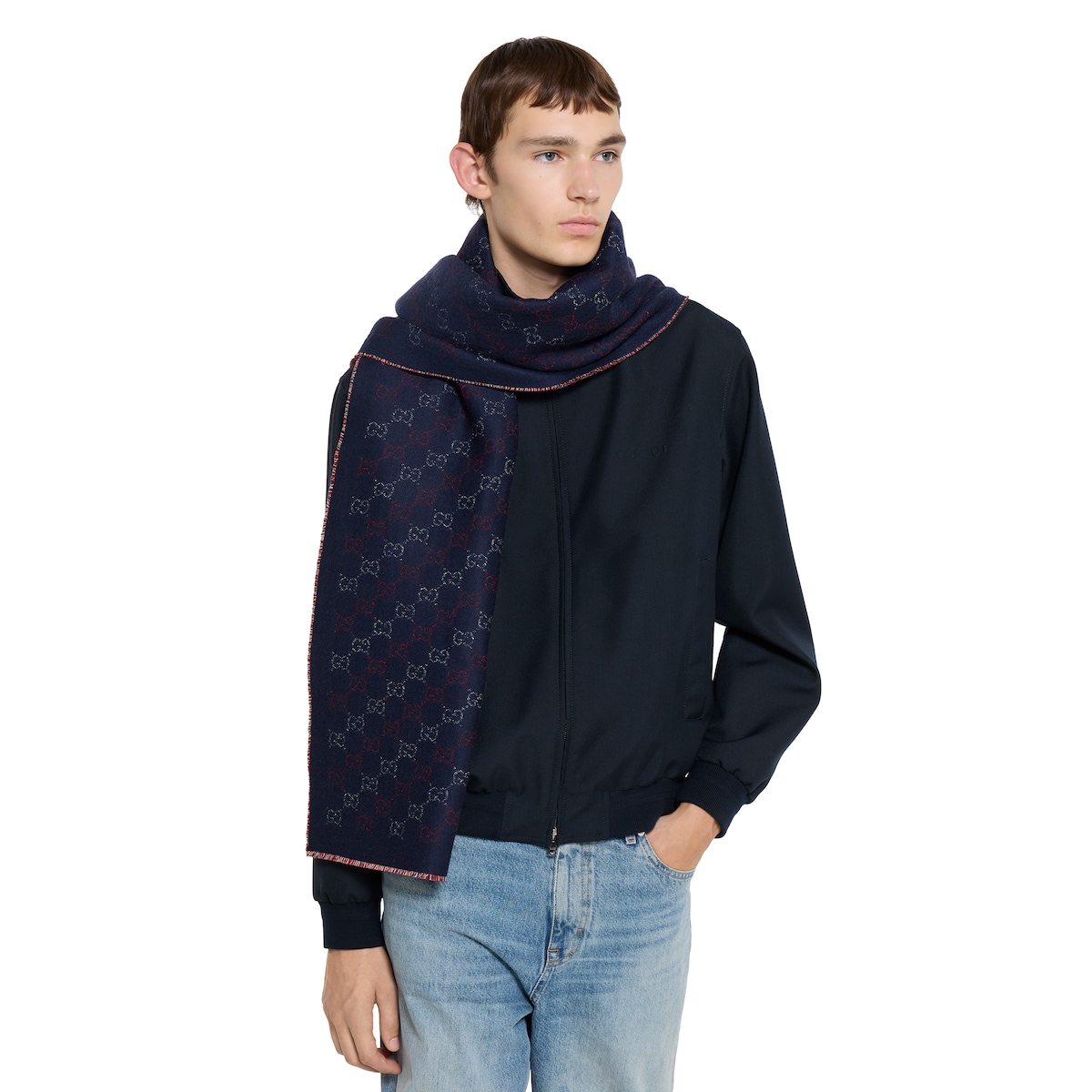 GG wool jacquard scarf in navy | GUCCI® UK