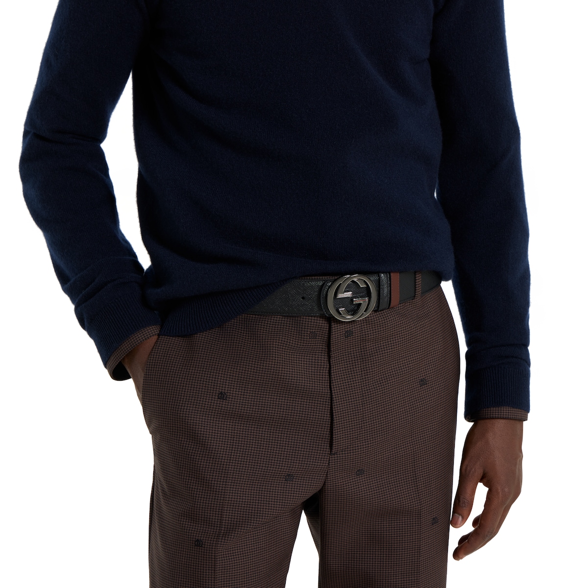 Reversible belt with Interlocking G buckle in black and dark brown ...