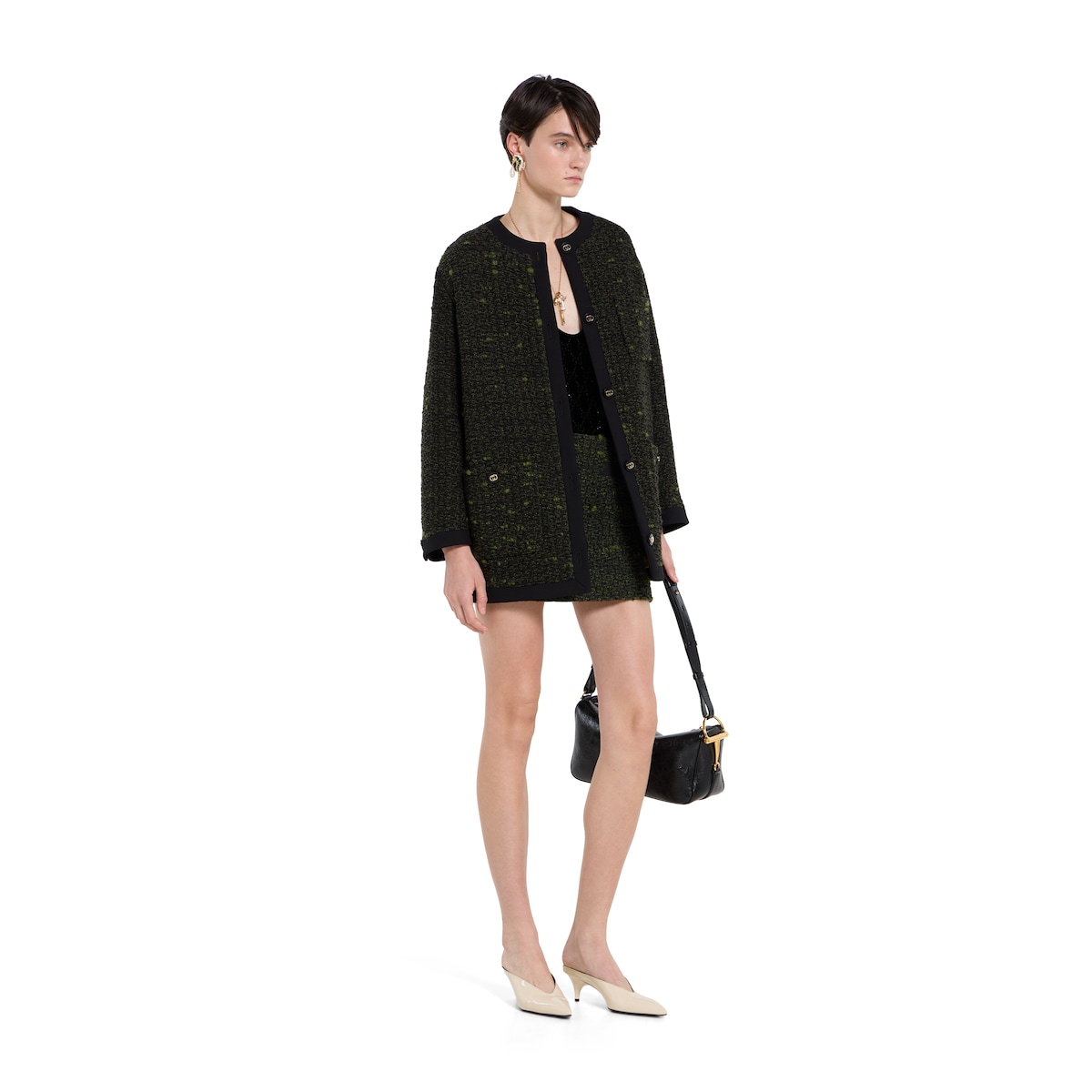 Wool bouclé skirt in green and black | GUCCI® SG