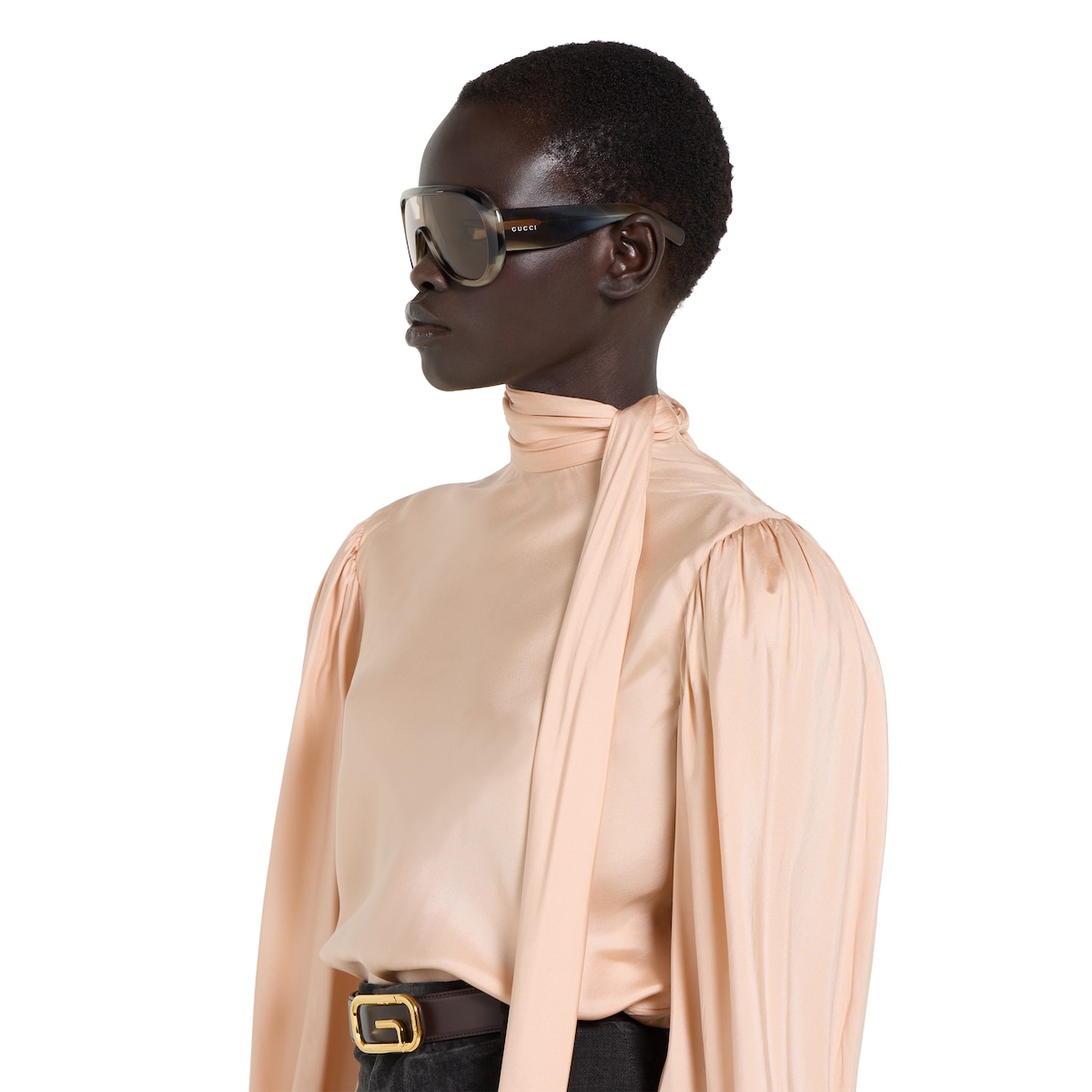 Silk twill shirt with ribbon in light pink | GUCCI® SG