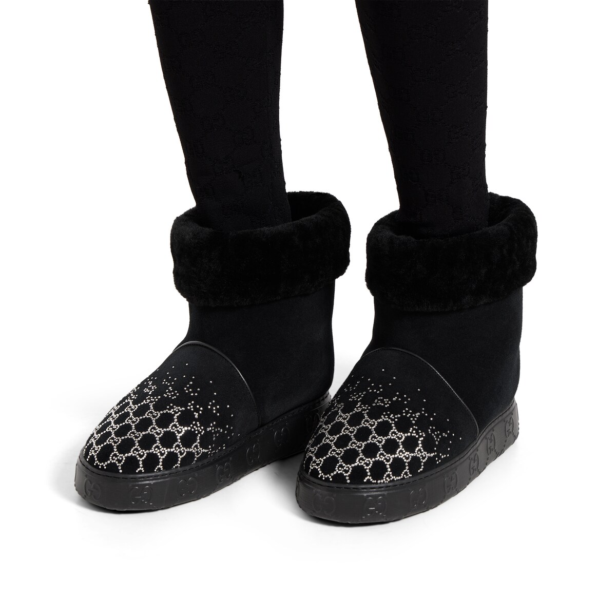 Bottes pour femme avec doublure en laine mérinos en daim noir | GUCCI® ZA
