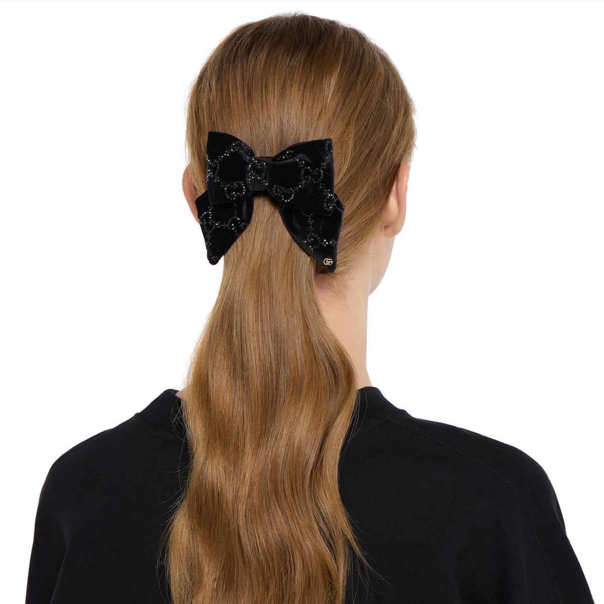 Soft velvet hair slide with crystals in black | GUCCI® US