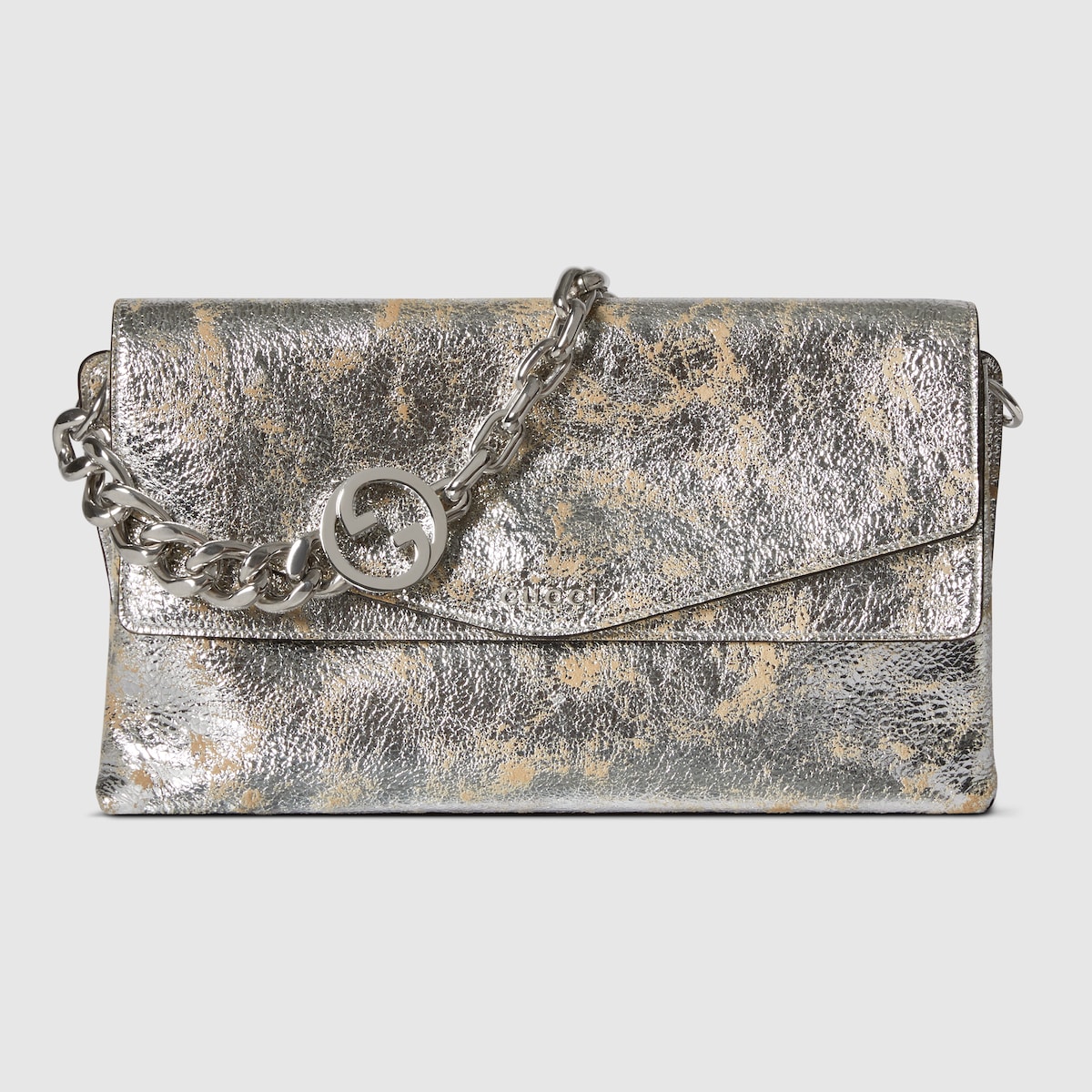 Large shoulder bag with chain in metallic silver leather | GUCCI® SG
