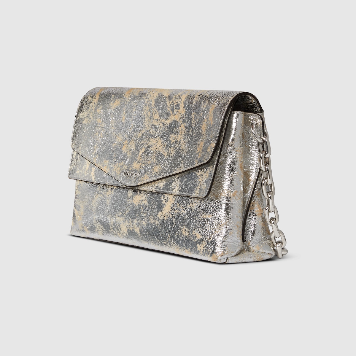 Large shoulder bag with chain in metallic silver leather | GUCCI® SG
