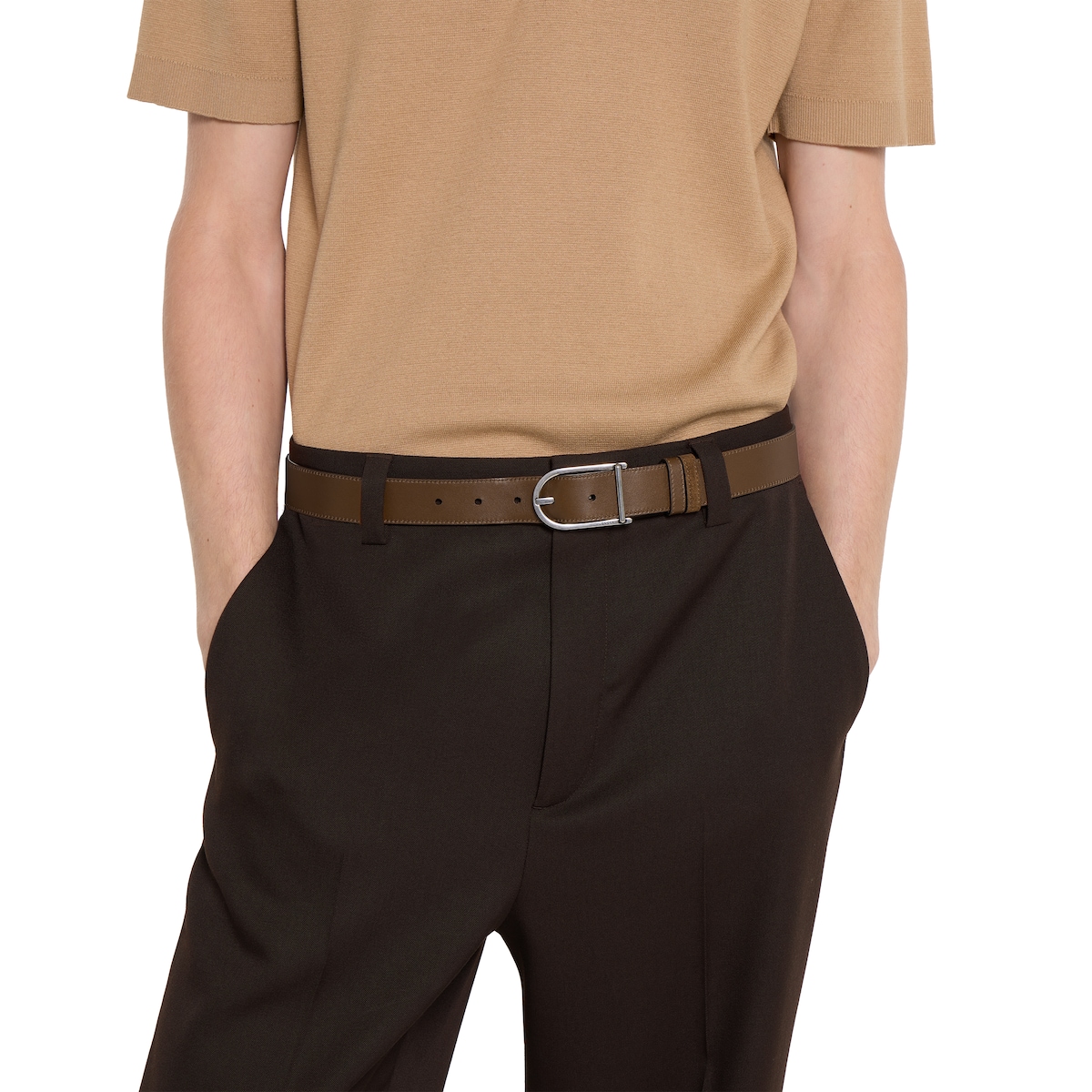 Reversible belt with rounded buckle in brown GG suede and leather ...
