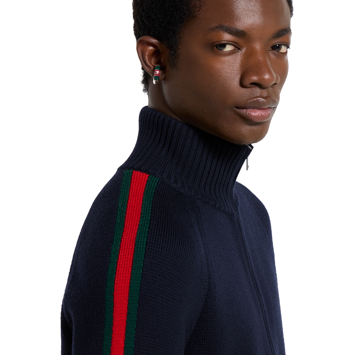 Woven stitch knit wool zip jacket in dark blue | GUCCI® NZ