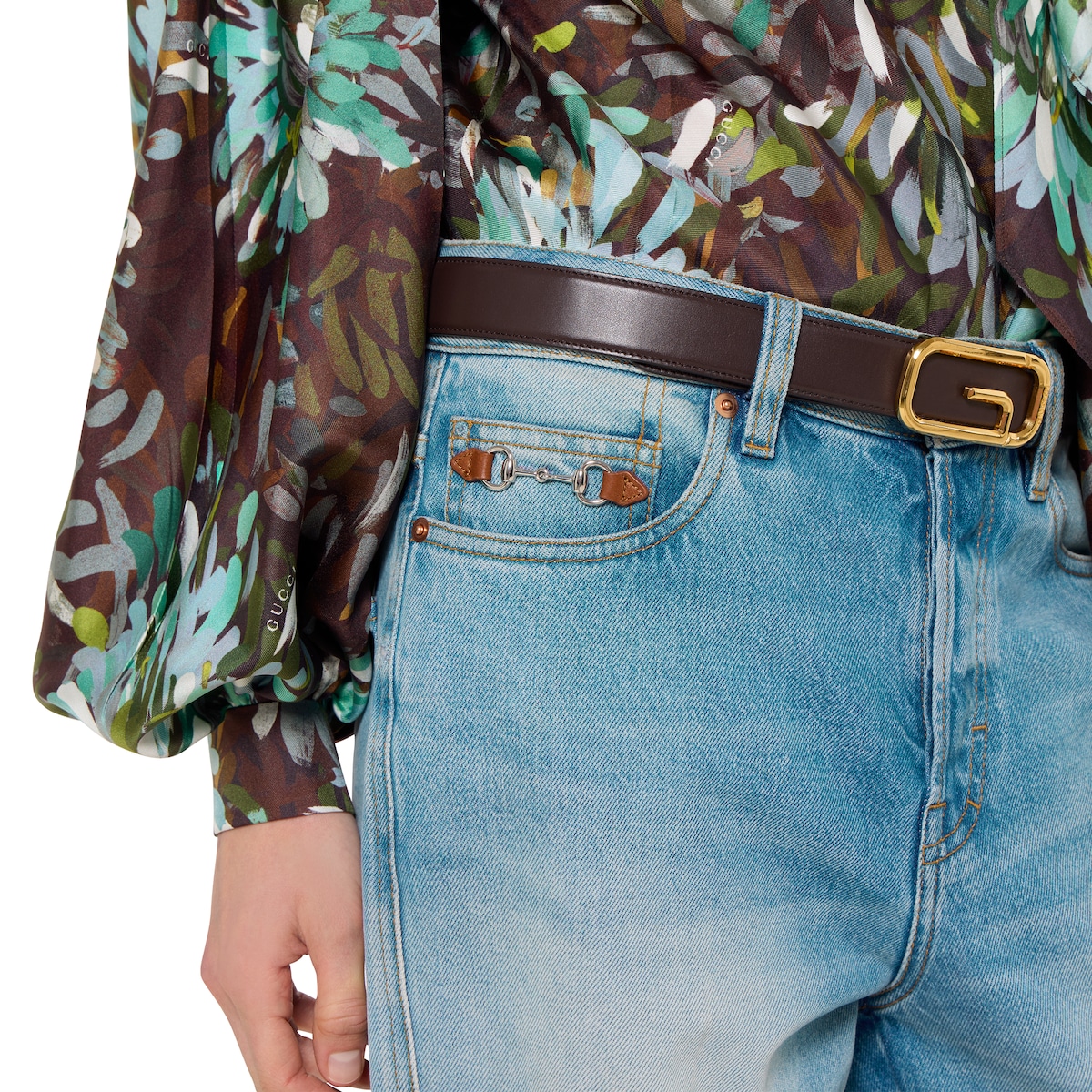 Flared bleached cotton denim pants in light blue | GUCCI® UK