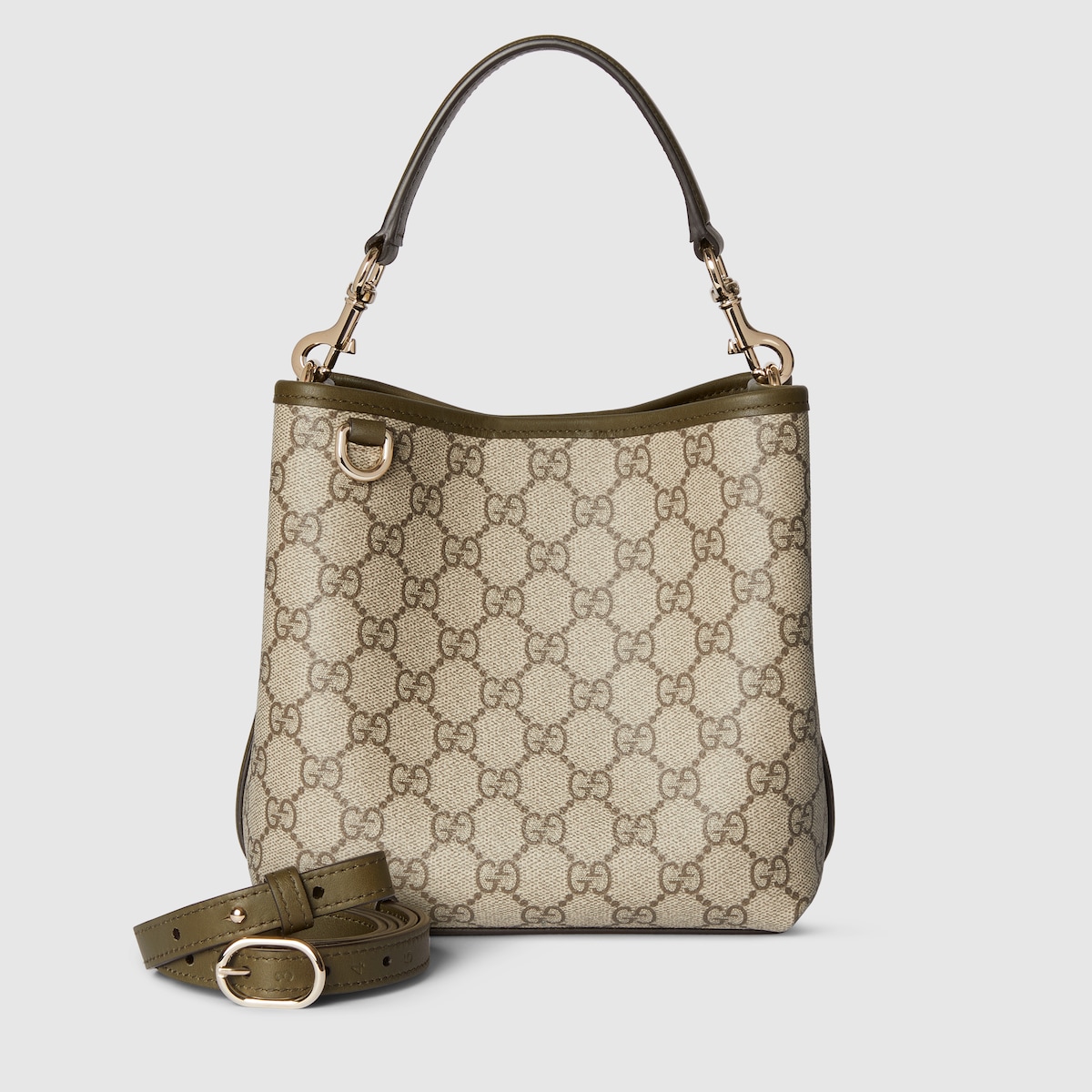 GG Emblem small bucket bag in beige and brown GG fabric | GUCCI® CH