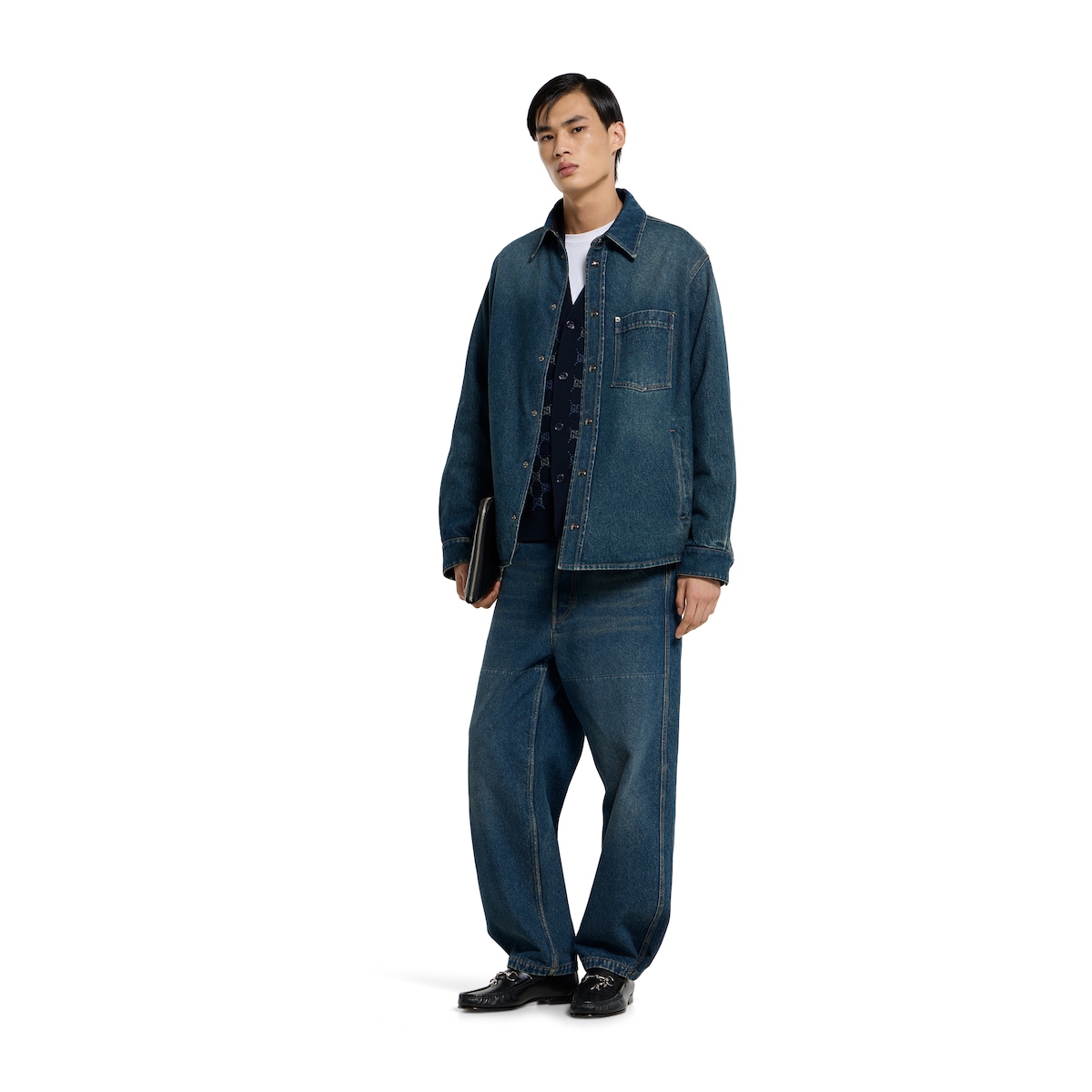 Reversible padded denim and nylon shirt in blue and black | GUCCI® UK