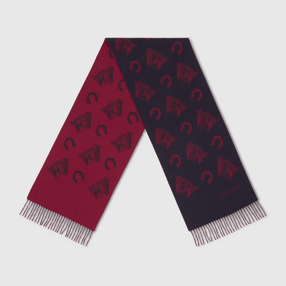 Silk wool equestrian jacquard scarf in navy and red | GUCCI® SG