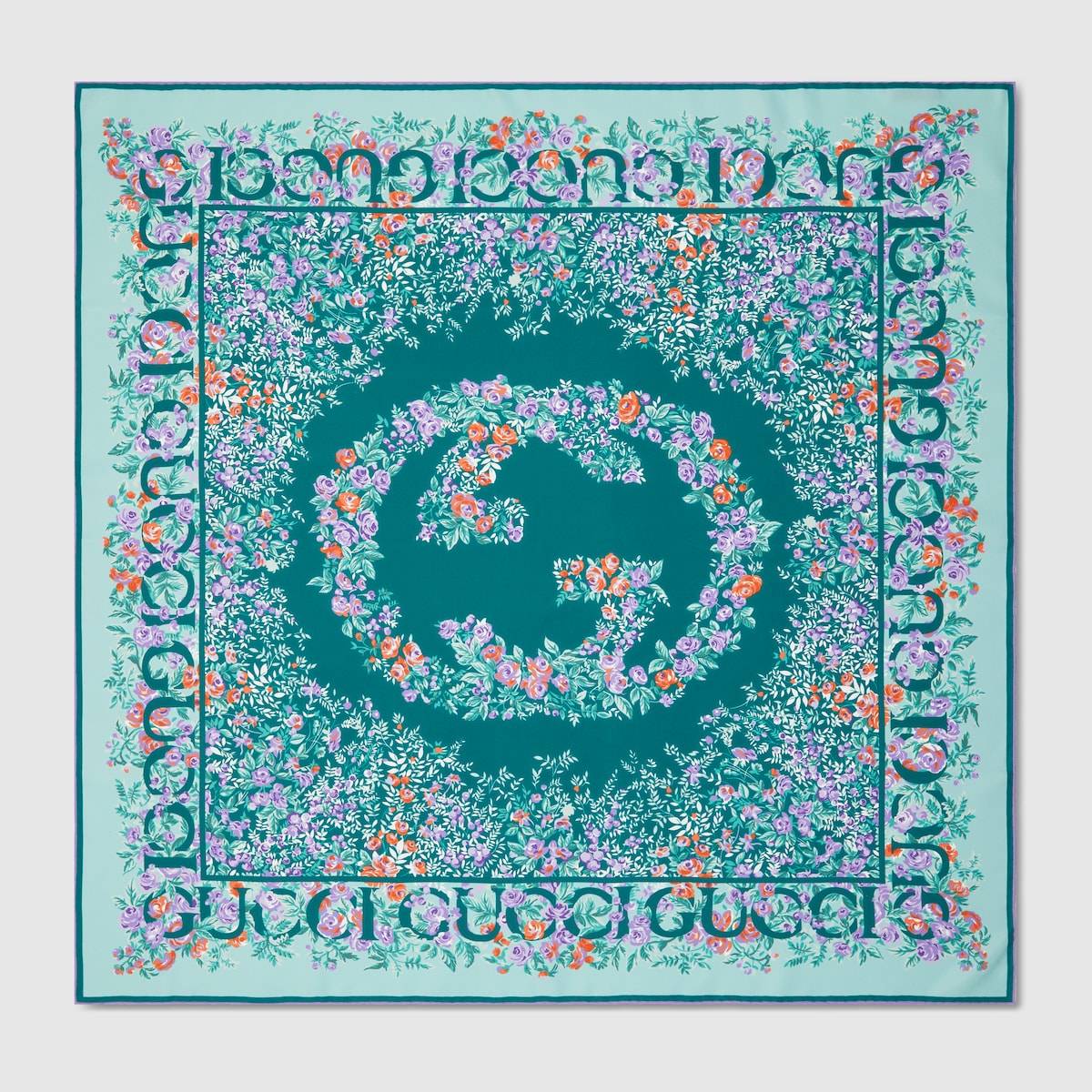 Printed silk twill carré in aquamarine and lilac | GUCCI® SI