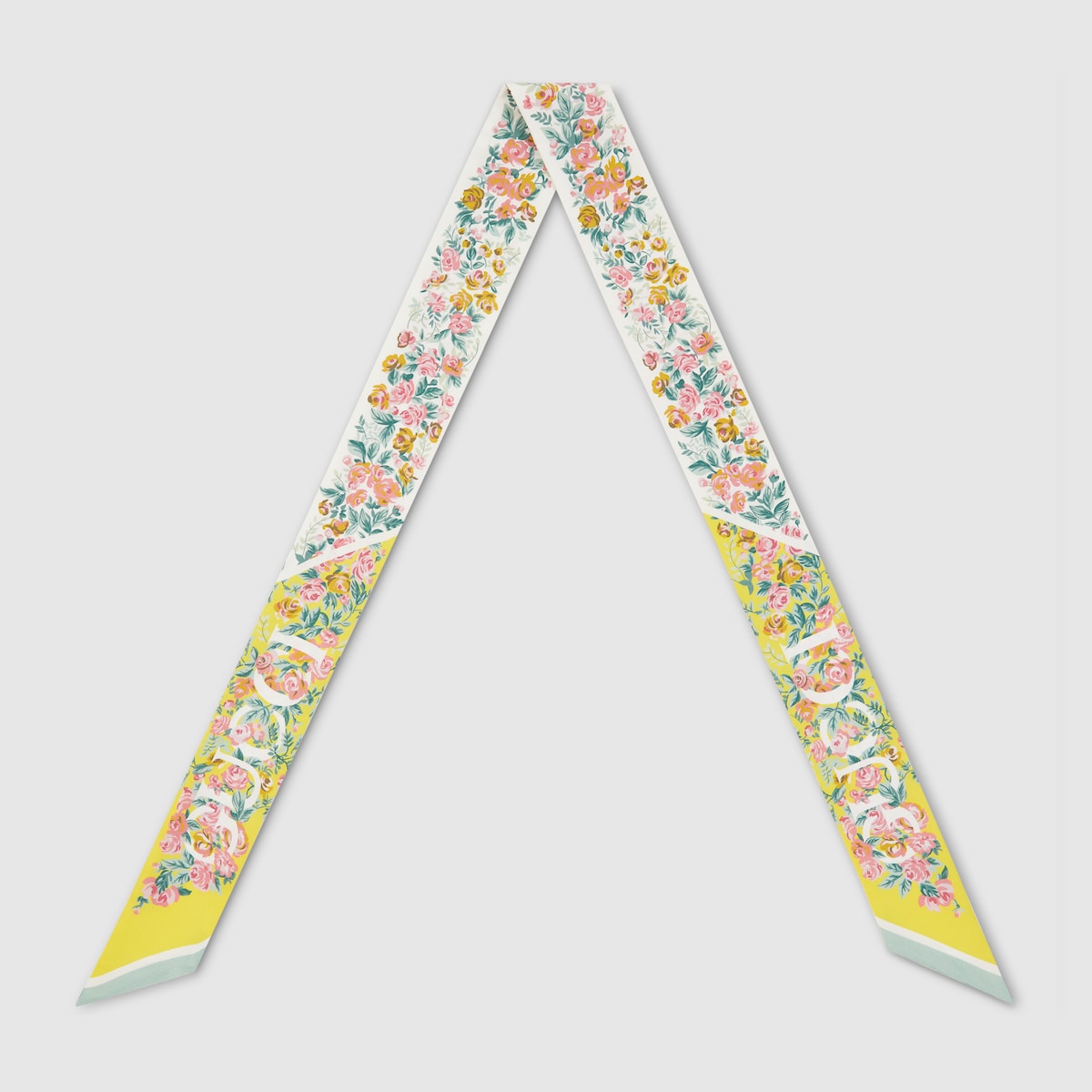 Printed silk twill ribbon in aquamarine and yellow | GUCCI® SG