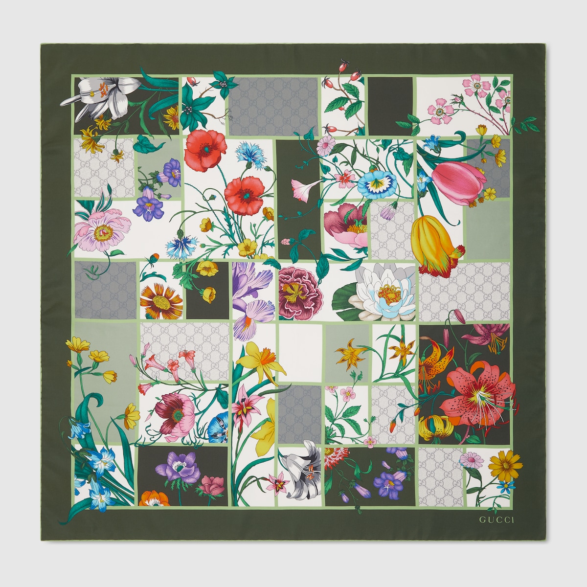 Printed silk twill carré in green and multicolor | GUCCI® US