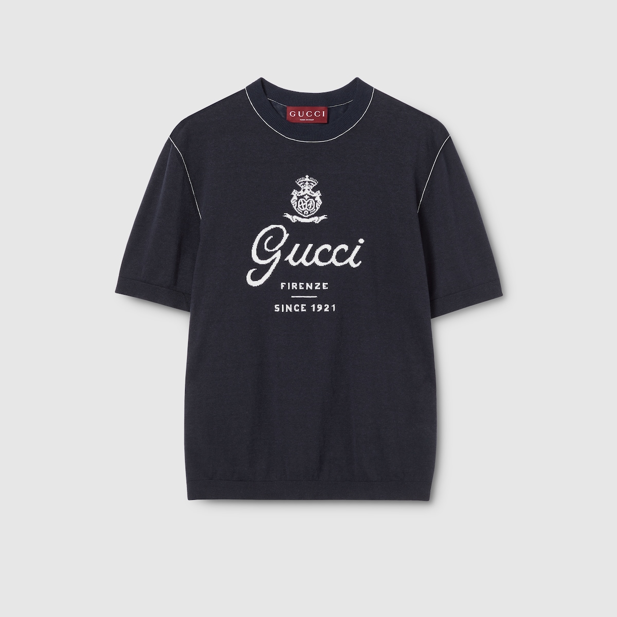 Knit silk linen T-shirt with intarsia in dark blue | GUCCI® CA