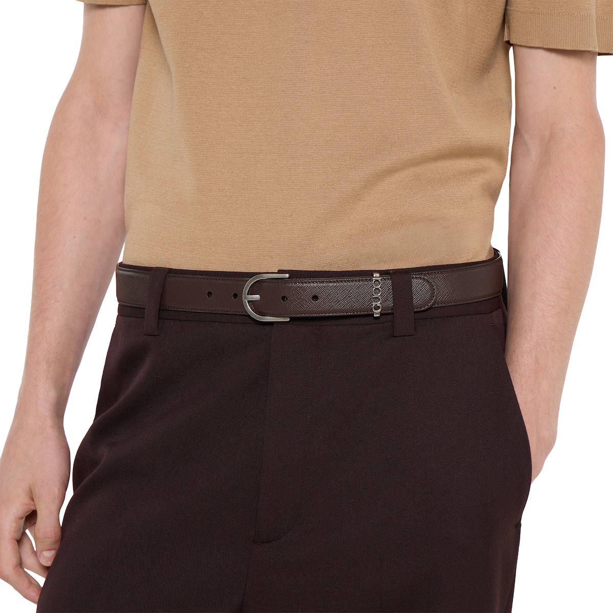 Belt with stirrup buckle in dark brown leather | GUCCI® US