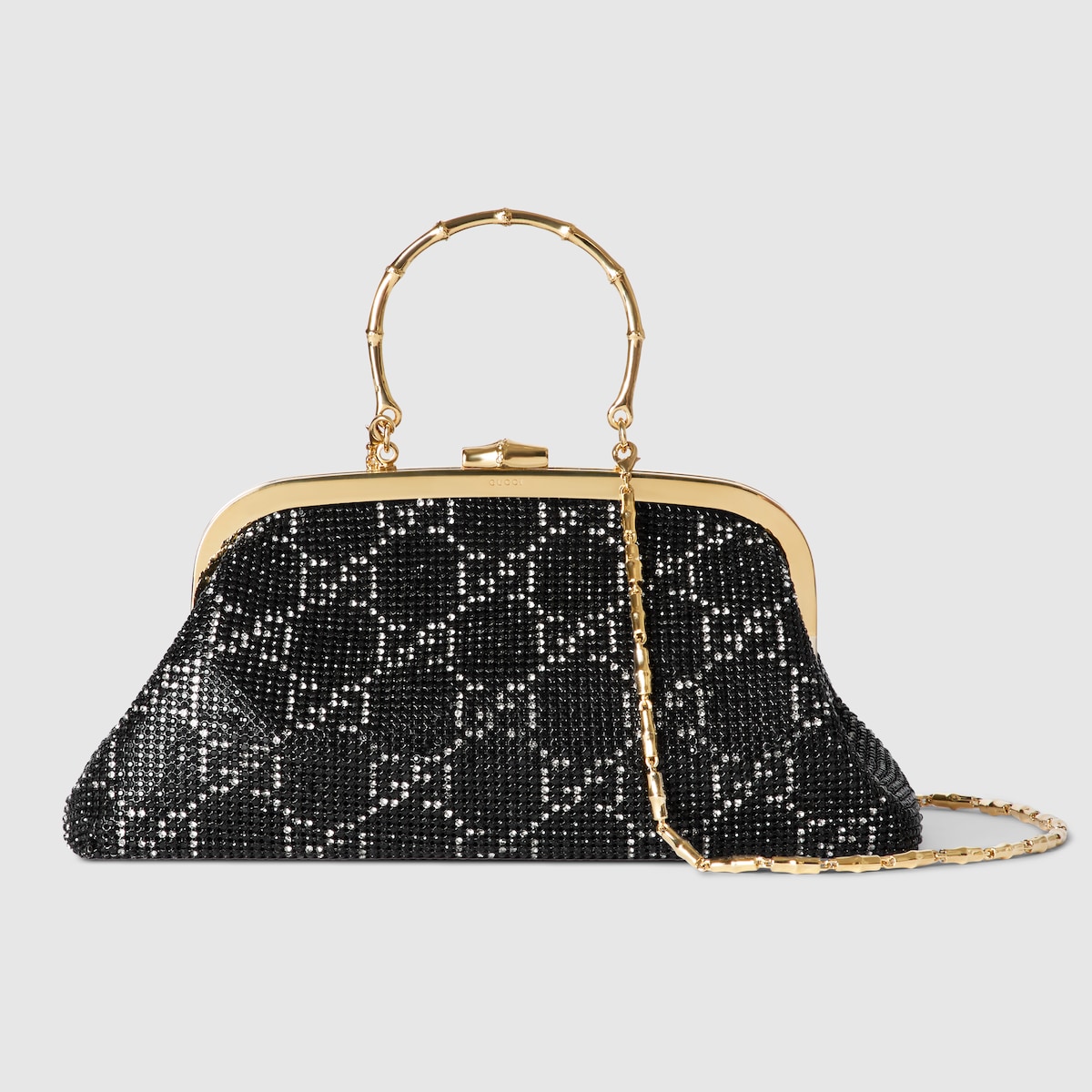 Crystal medium evening top handle bag in black and silver GG crystal ...