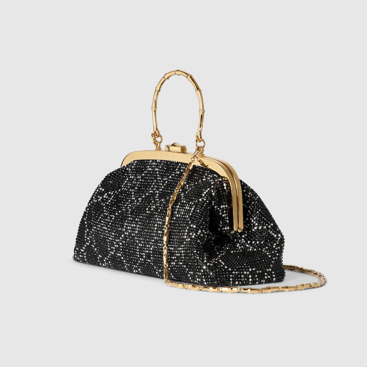 Crystal medium evening top handle bag in black and silver GG crystal ...