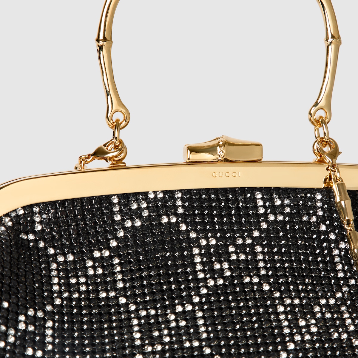 Crystal medium evening top handle bag in black and silver GG crystal ...