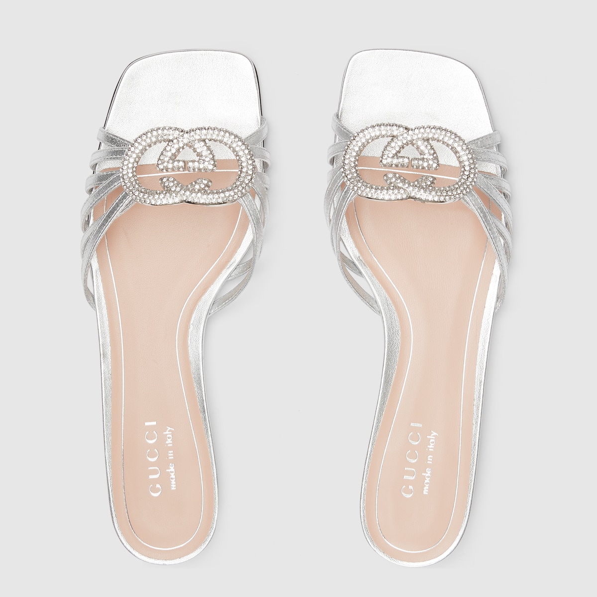 Women's slide with crystal Interlocking G in silver leather | GUCCI® US