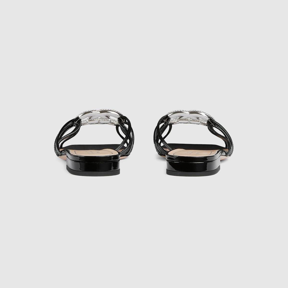Women's slide with crystal Interlocking G in black patent leather ...