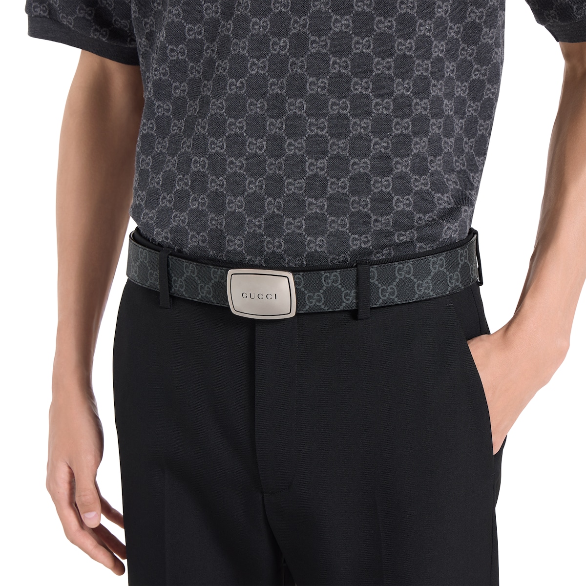 Belt with plaque buckle in black Supreme | GUCCI® US