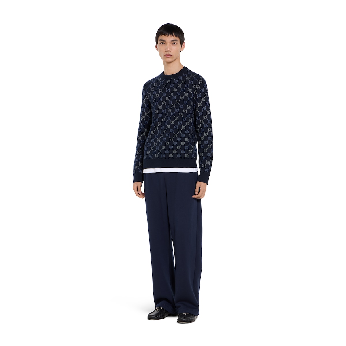 GG double wool knit sweater in dark blue | GUCCI® US