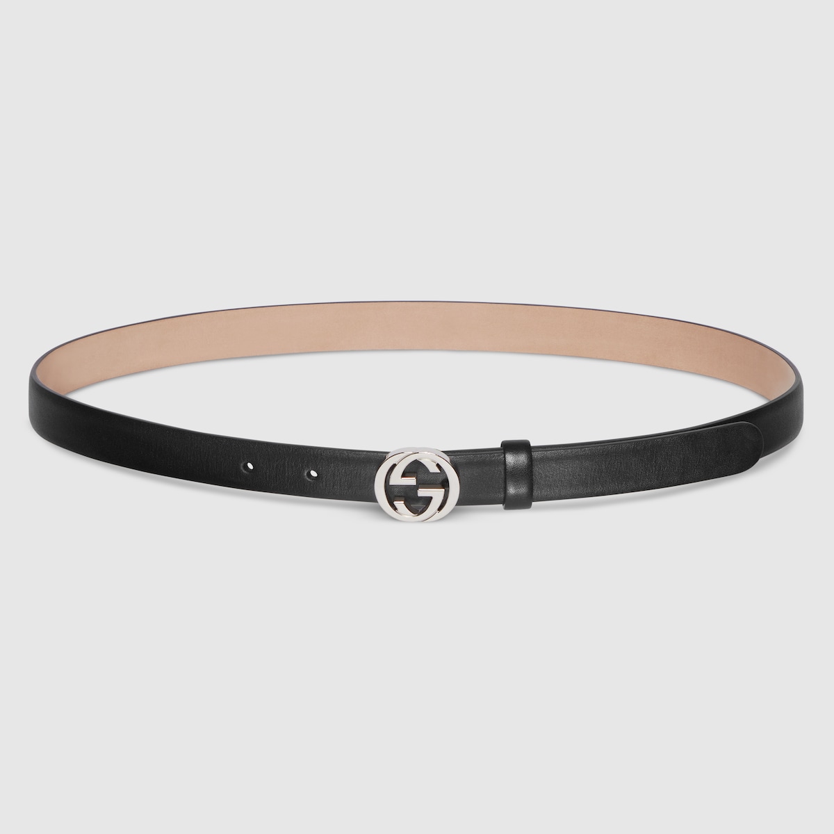 Thin belt with Interlocking G buckle in black leather | GUCCI® UK