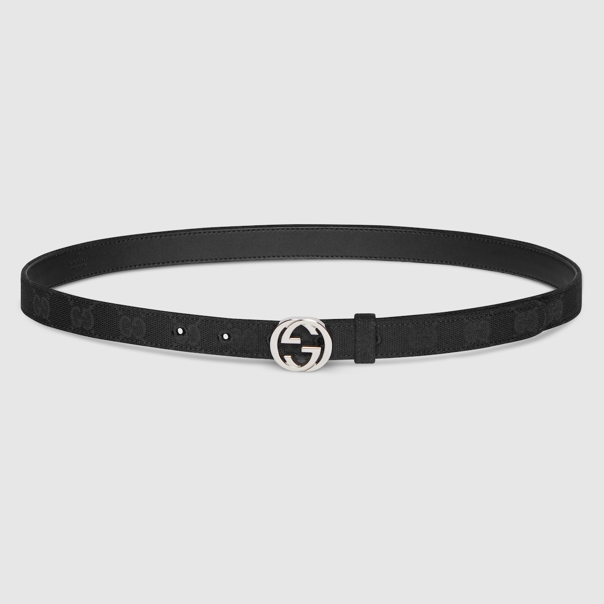 Thin belt with Interlocking G buckle in black GG canvas | GUCCI® GR