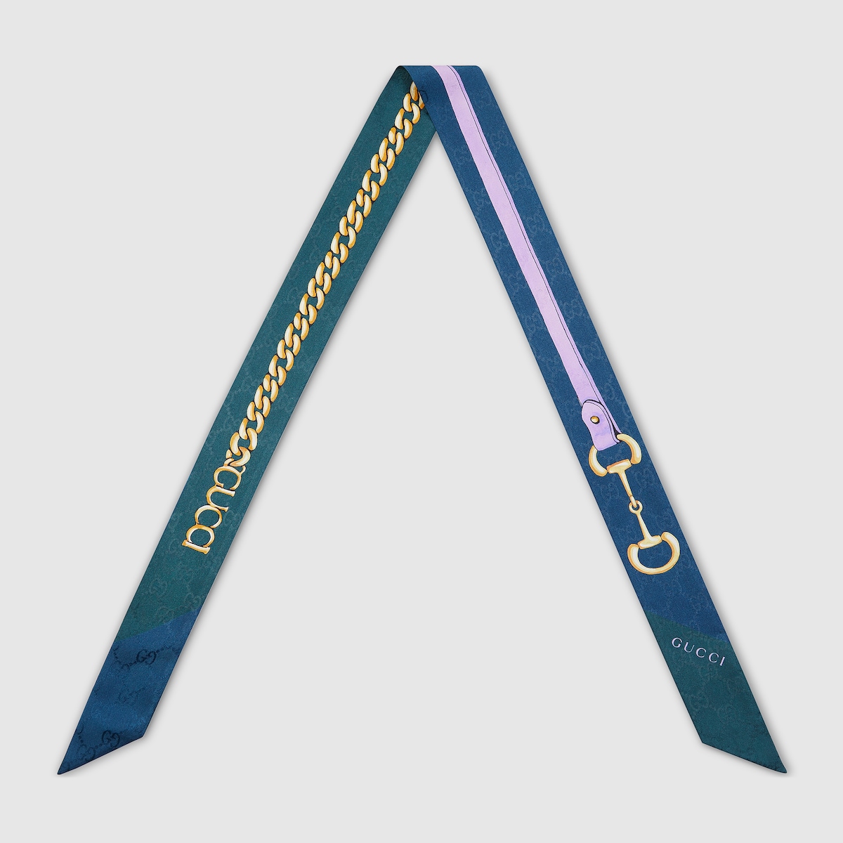 Printed silk twill ribbon in navy and dark green | GUCCI® AU