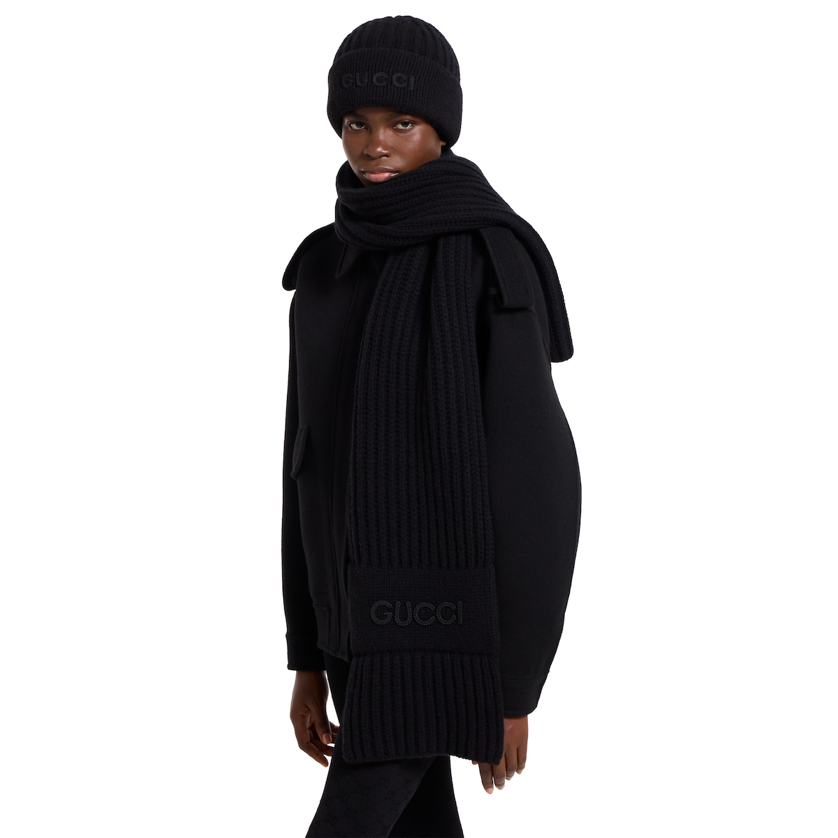 ผ้าพันคอ Wool cashmere scarf with embroidery inสีดำ | GUCCI® TH