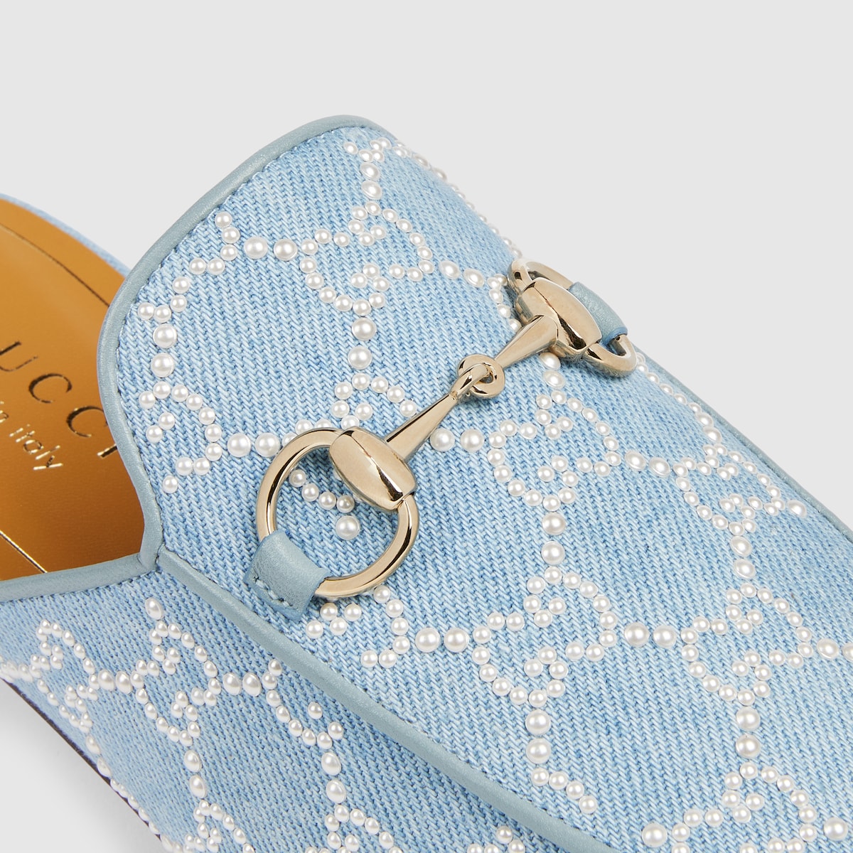 Women's Princetown slipper with pearls in light blue GG denim | GUCCI® AE