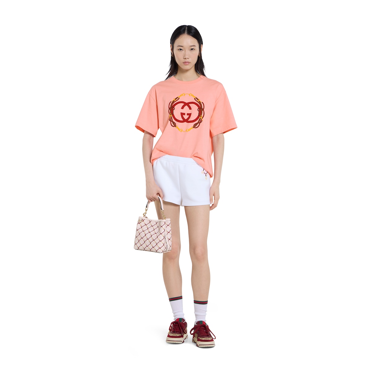 GG Emblem small bucket bag in pink and red GG fabric | GUCCI® US