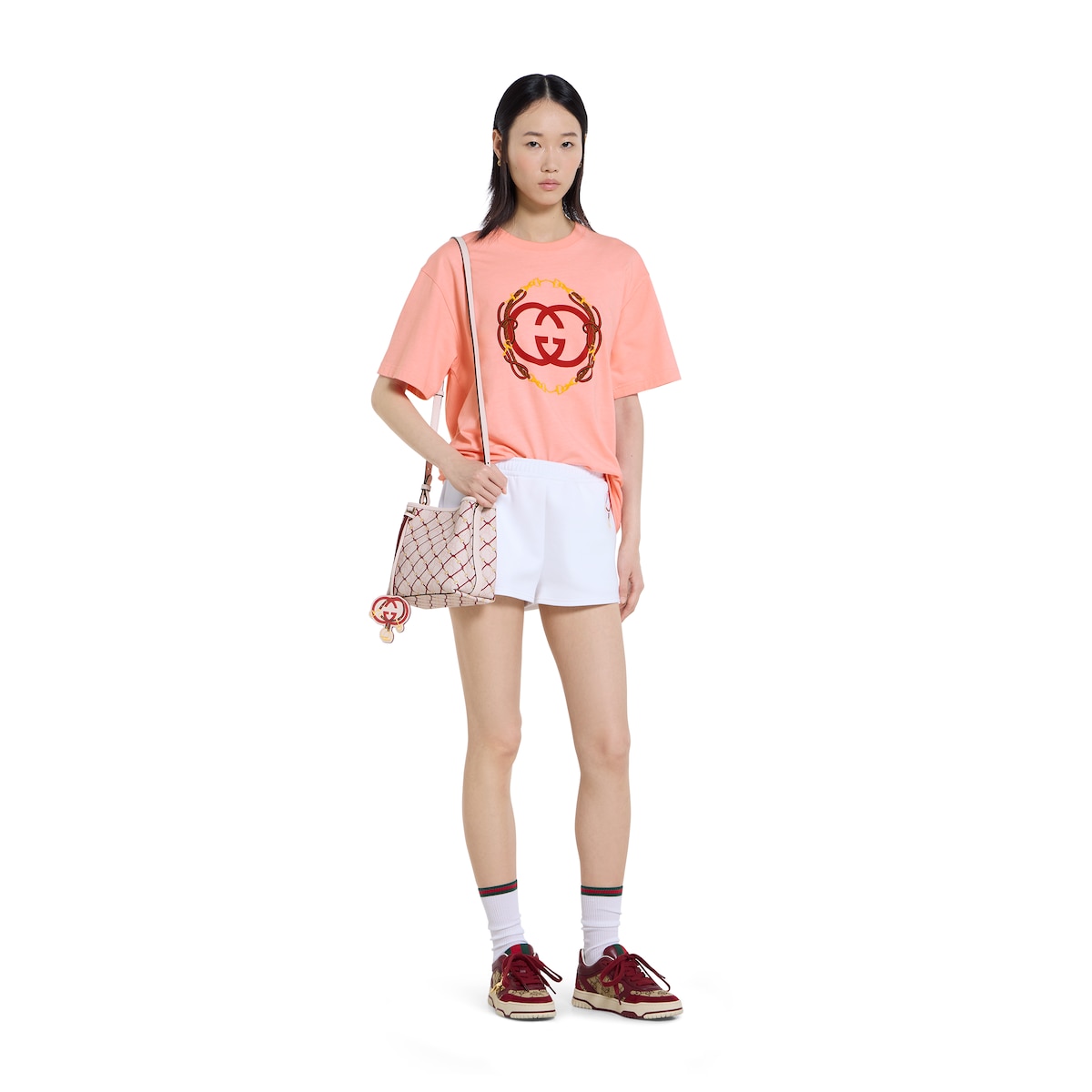 GG Emblem small bucket bag in pink and red GG fabric | GUCCI® US