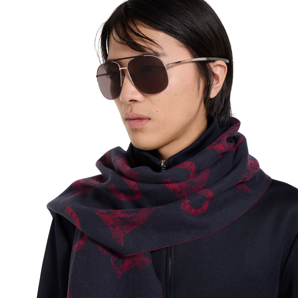Silk wool equestrian jacquard scarf in navy and red | GUCCI® SG