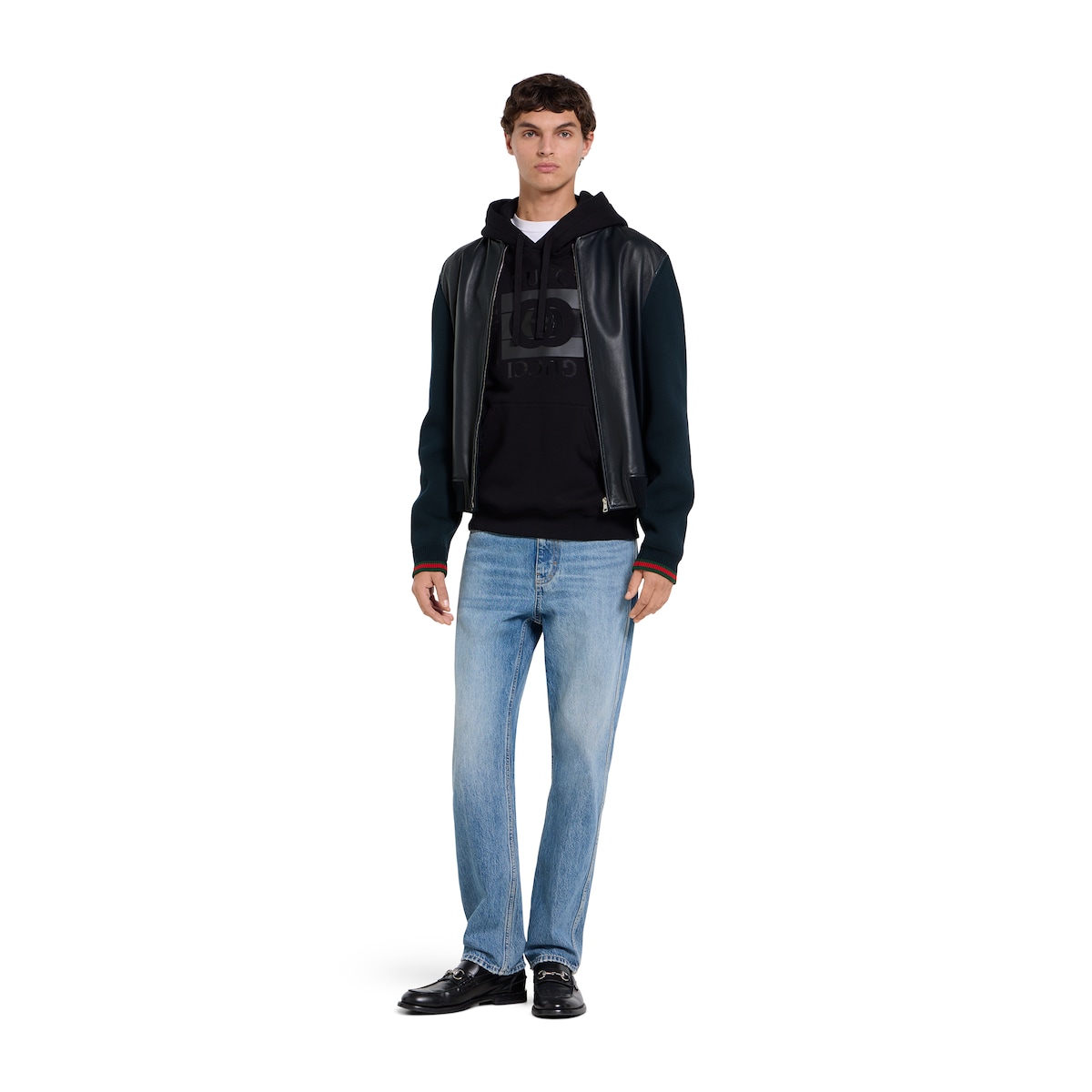 Nappa leather and knit bomber jacket in navy | GUCCI® AE
