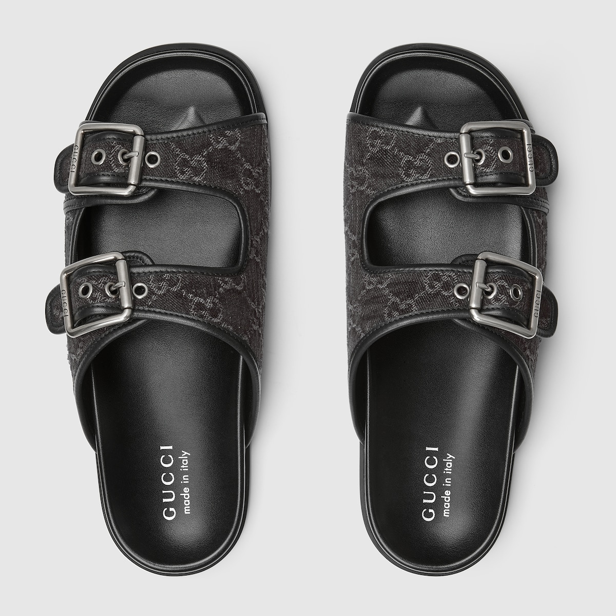 Men's slide sandal with buckles in black GG denim | GUCCI® SA