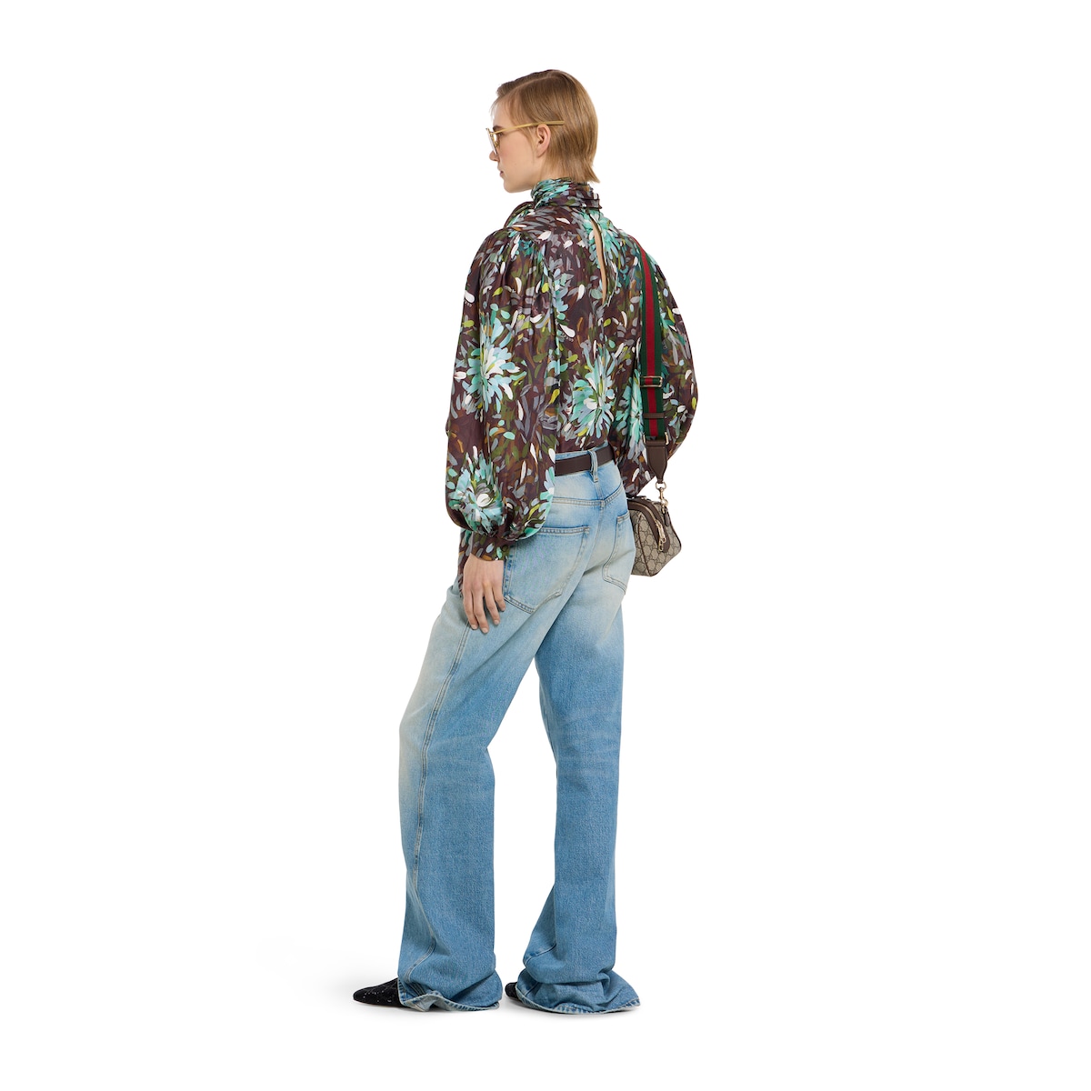 Flared bleached cotton denim pants in light blue | GUCCI® US