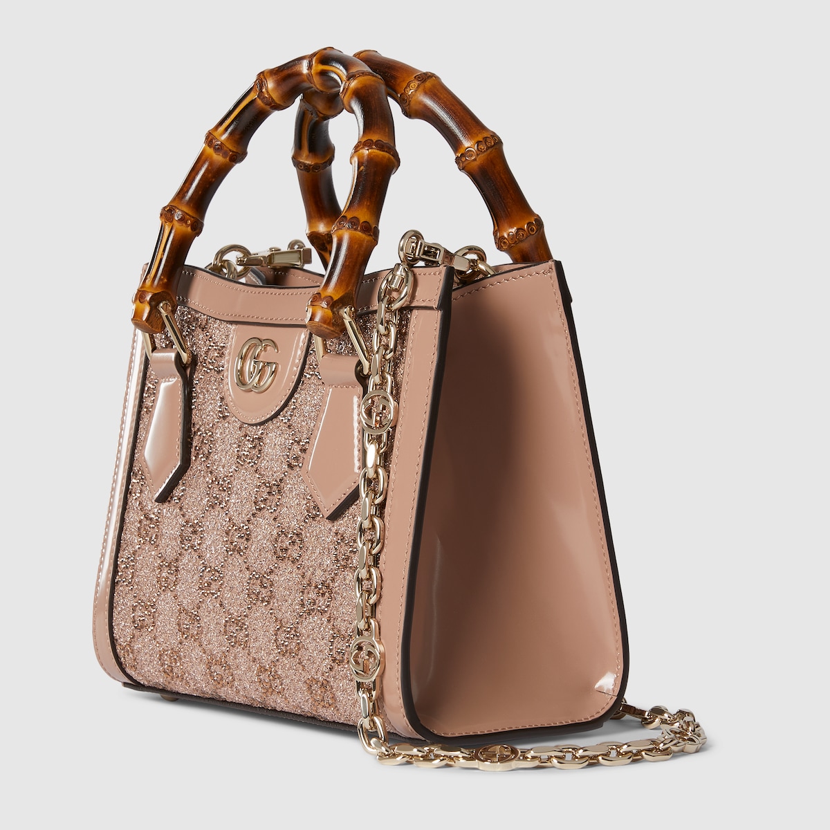 Gucci Diana crystal mini tote bag in dusty pink lamé fabric | GUCCI® US