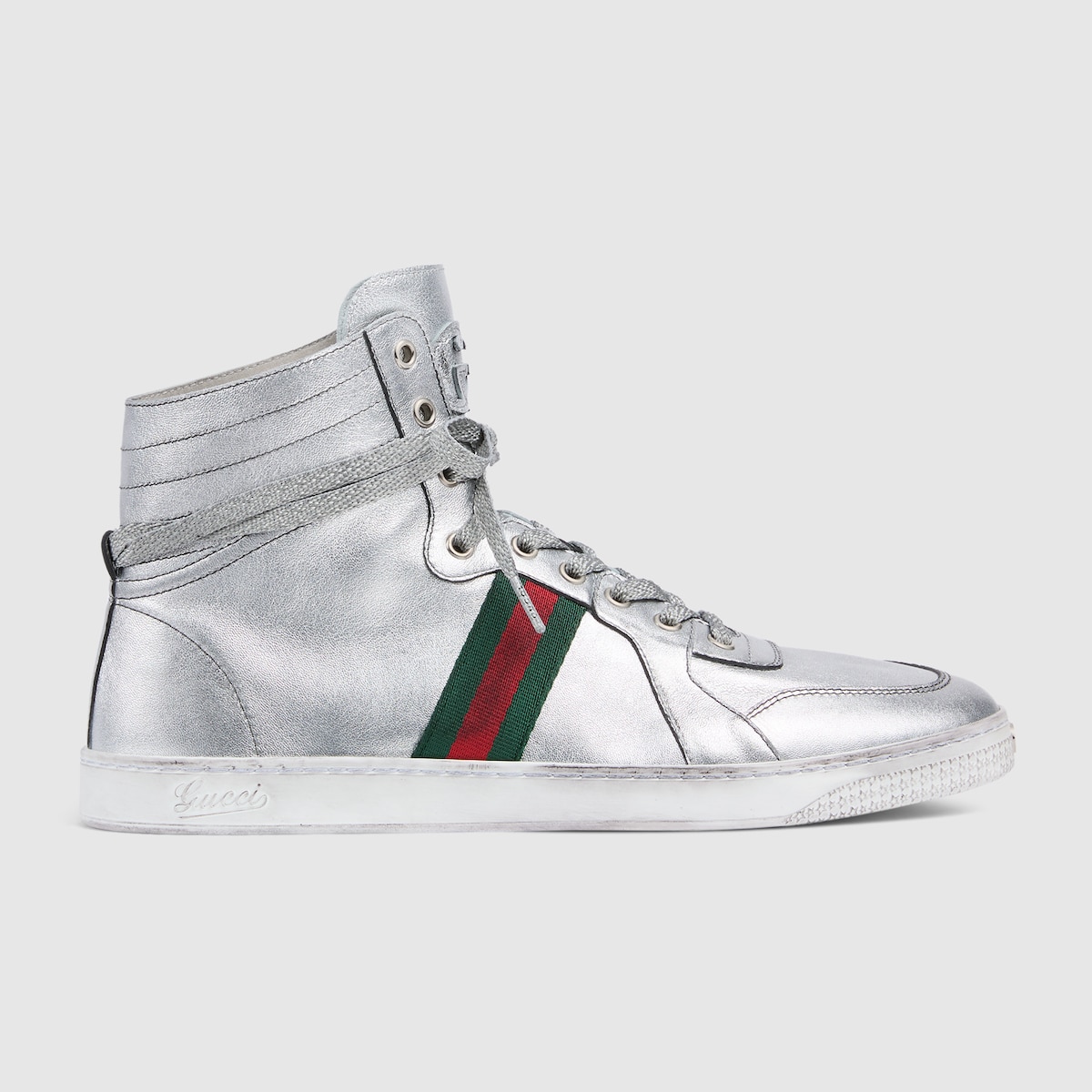 Men's Stretch high-top trainer in metallic silver leather | GUCCI® ZA