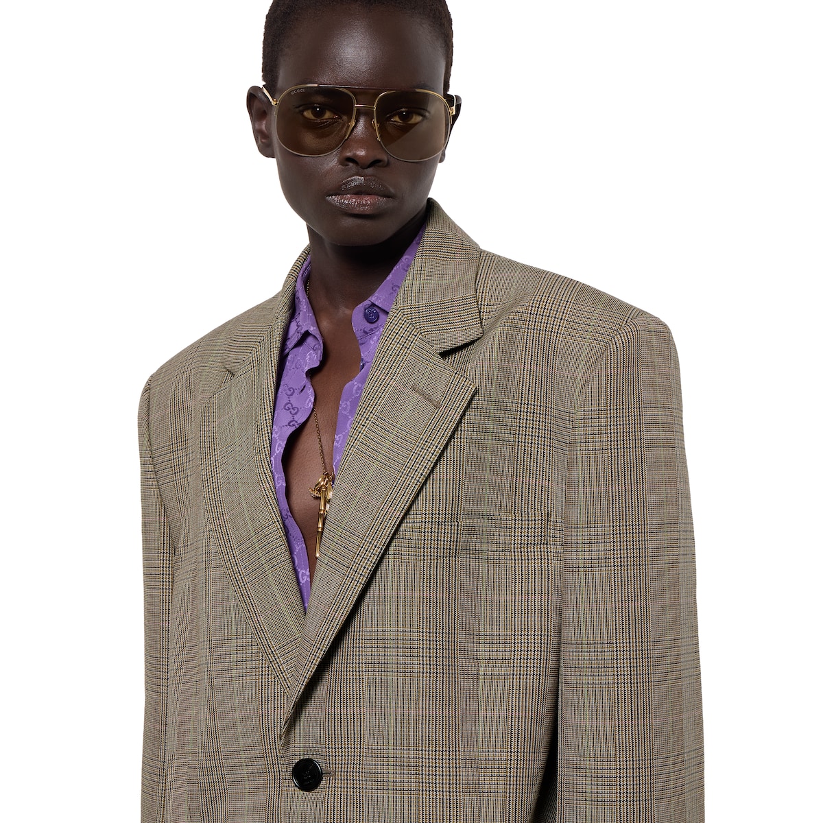 เสื้อแจ็คเก็ต Prince of Wales wool jacket inสีเบจและสีน้ำตาล | GUCCI® TH