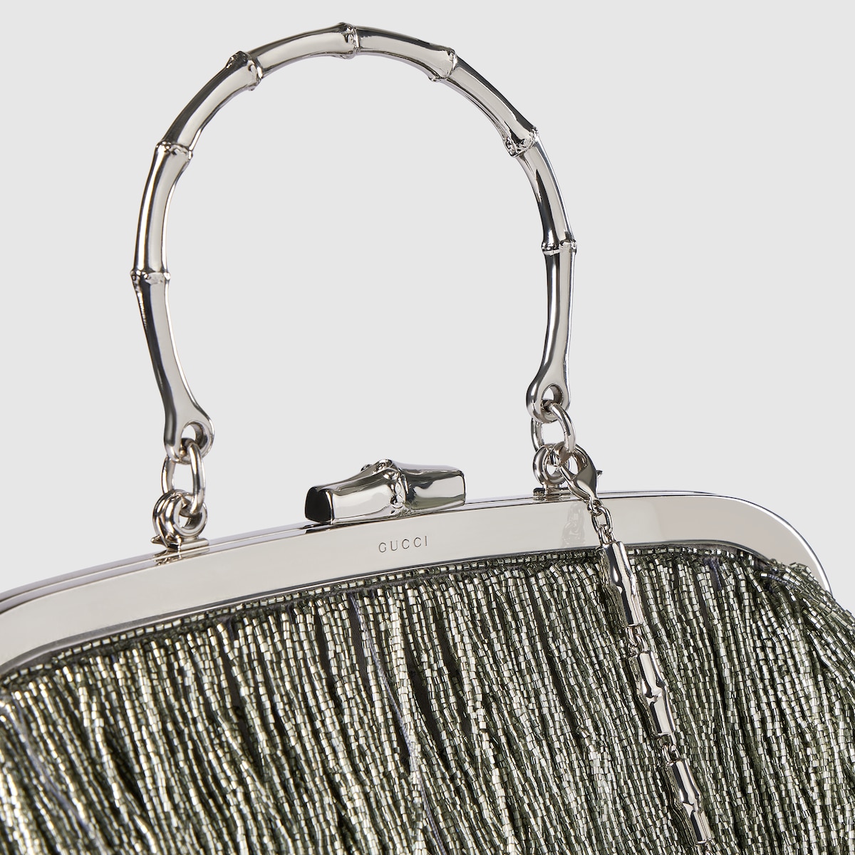 Crystal fringe medium evening top handle bag in gradient grey crystal ...