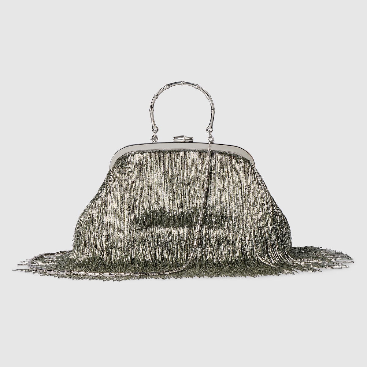Crystal fringe medium evening top handle bag in gradient grey crystal ...