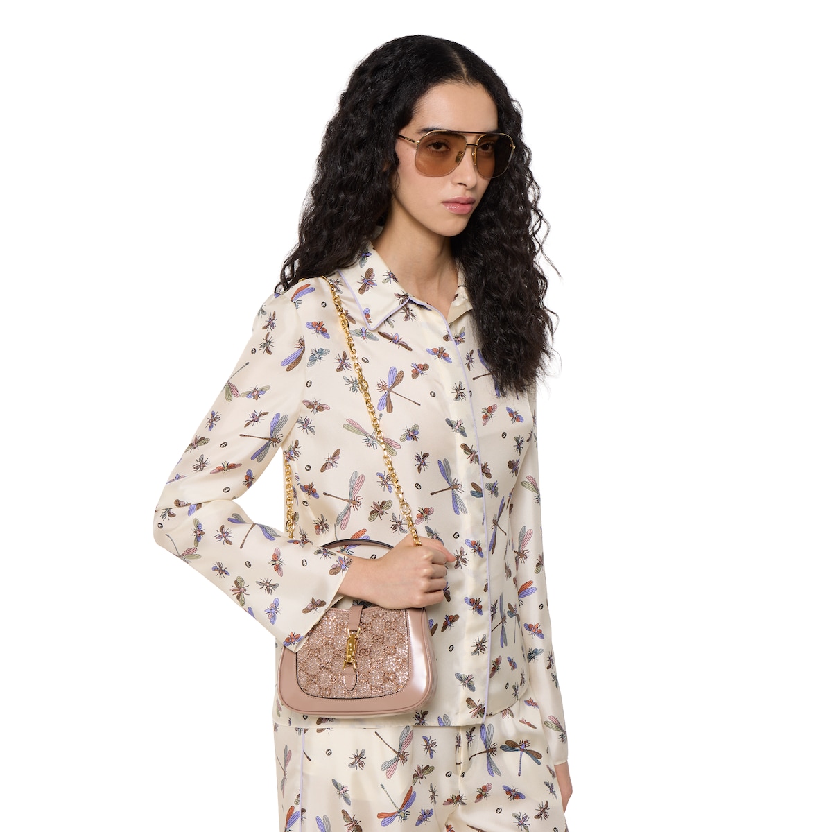 Gucci Jackie 1961 crystal mini bag in dusty pink lamé fabric | GUCCI® US