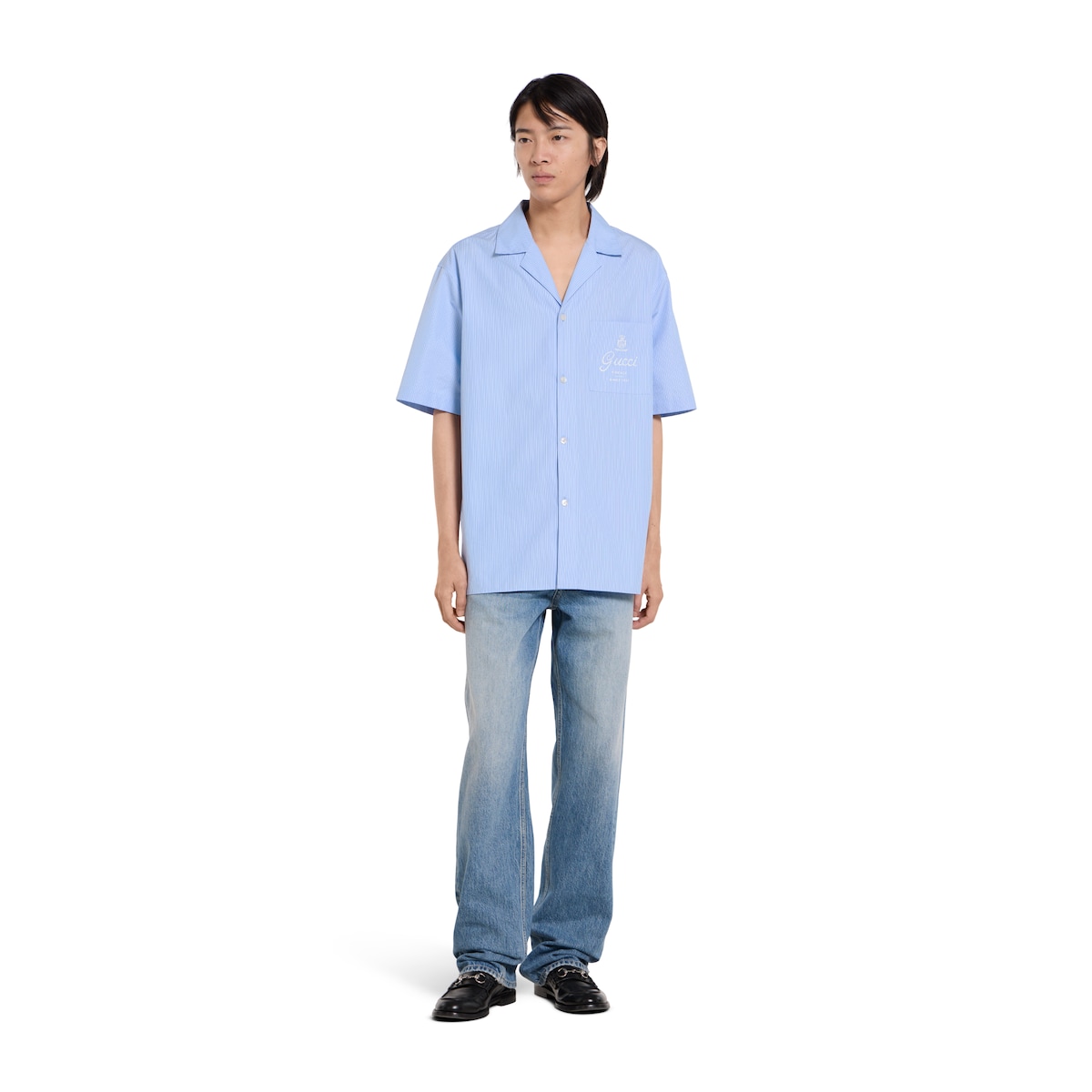 Thin striped cotton poplin bowling shirt in light blue | GUCCI® SG