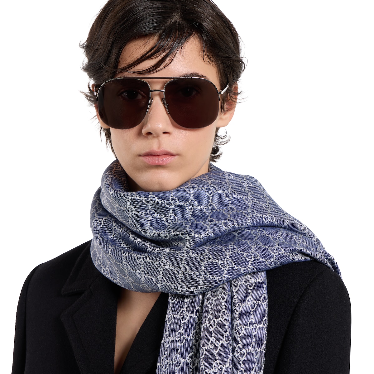 GG silk wool shawl in white and blue | GUCCI® US