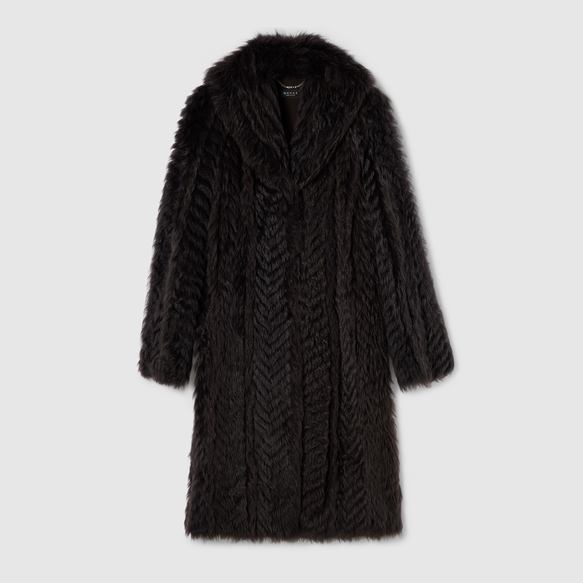 Soft long shearling coat in dark brown | GUCCI® US